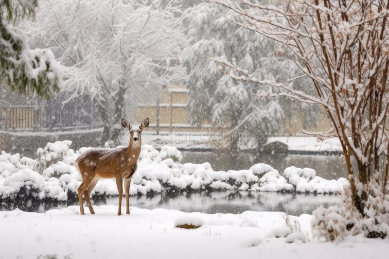 A Deer Standing by a Hot Spring while Its Snowing Stock Illustration ...