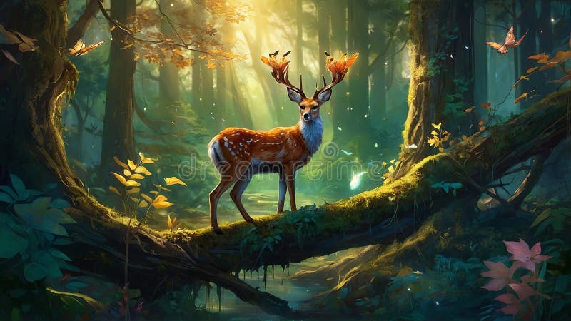 A Deer is Standing on a Log in a Forest Stock Illustration ...