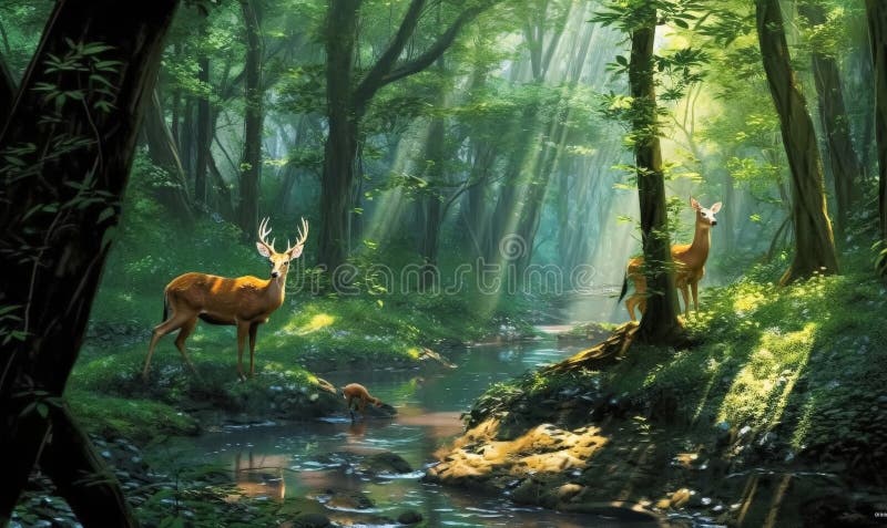 A Deer is Standing in the Middle of a Forest with a River Running ...