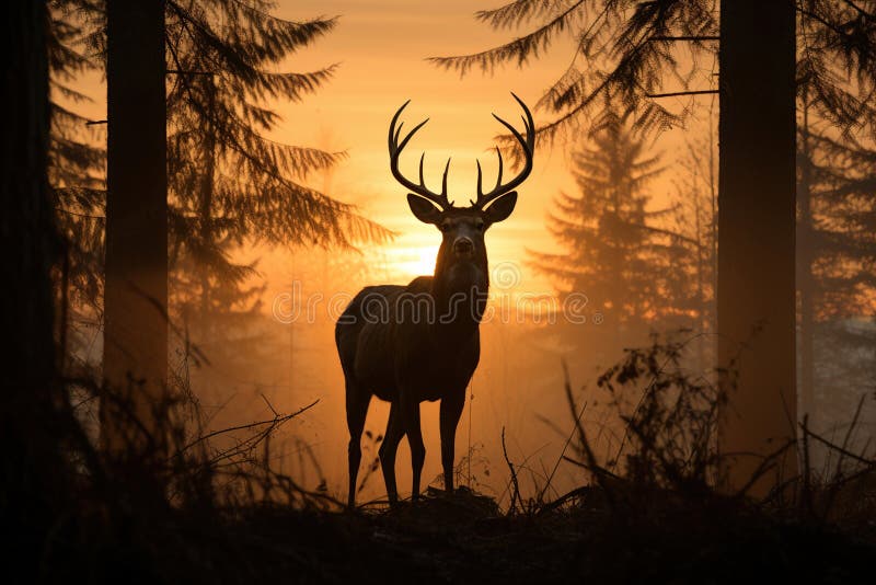 A Deer Standing in the Middle of a Forest at Sunset. Deer Silhouette ...