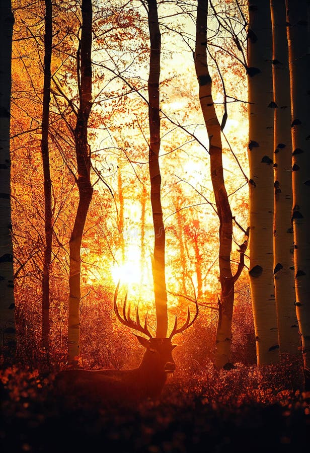 A Deer Standing in the Middle of a Forest at Sunset with the Sun ...