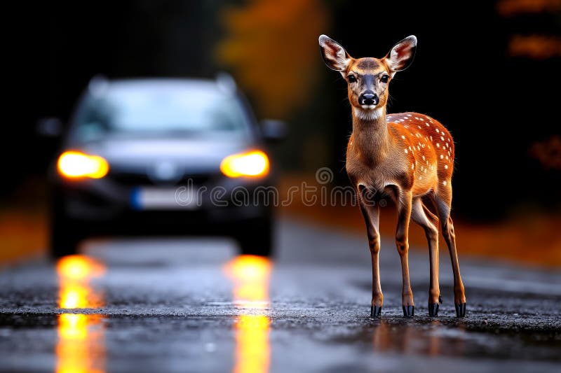 A Deer Standing in the Middle of a Road Next To a Car Stock Photo ...
