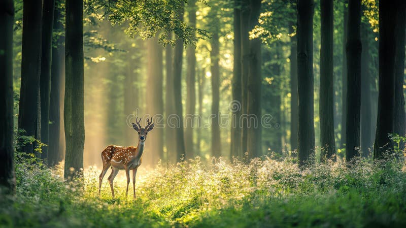 Deer Standing in a Peaceful Forest Clearing Surrounded by Tall Trees Stock Image - Image of tall ...
