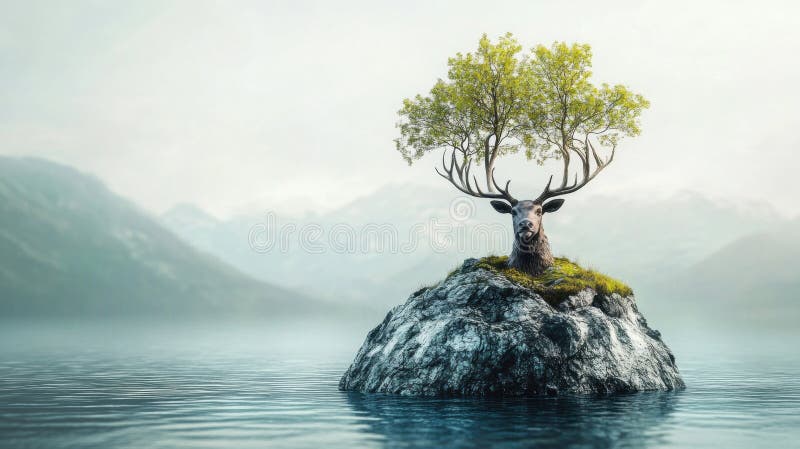 A Deer Standing on a Rock in the Middle of a Lake Stock Illustration ...