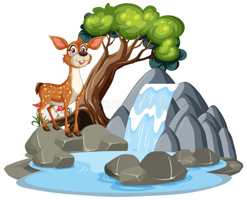 A Deer Standing on Stone Near a Waterfall and Tree Stock Vector ...