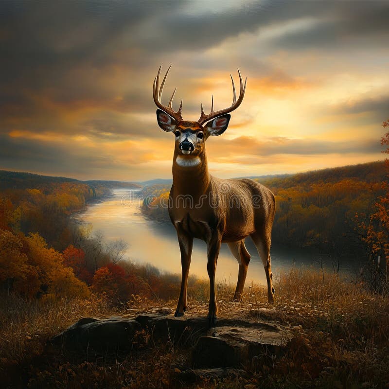 A Deer Standing on Top of a Hill Next To a River Stock Image - Image of ...