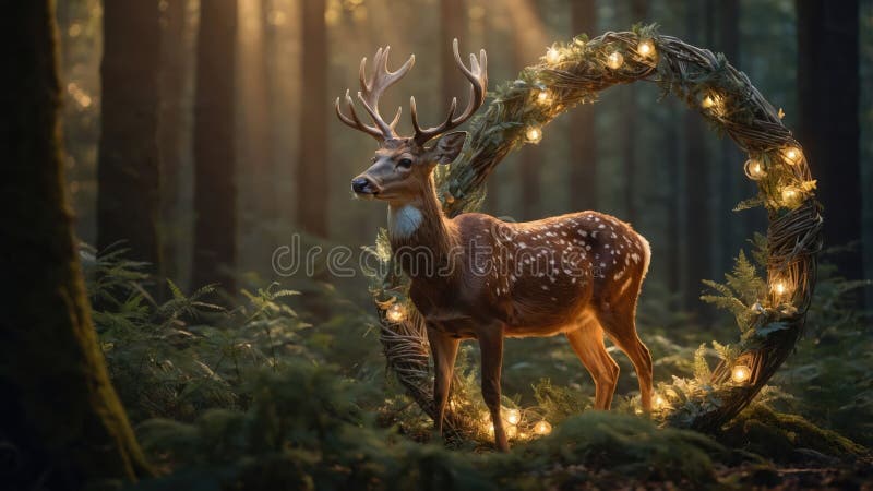Magical Deer in Enchanted Forest with Fairy Lights Stock Illustration ...