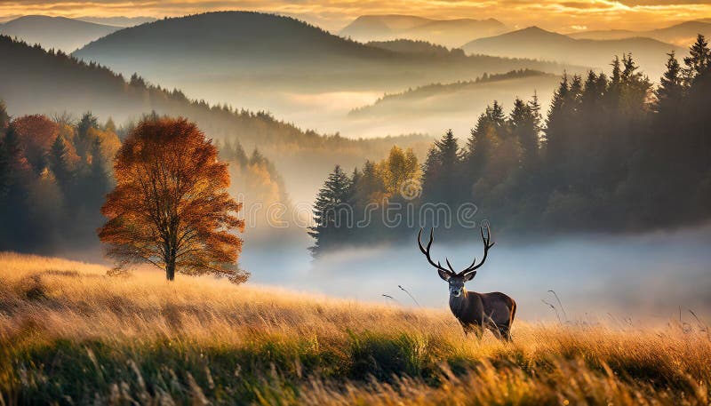 A Deer Stands in a Field with Mountains in the Background Stock ...