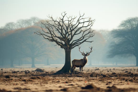 A Deer Stands in Front of a Bare Tree in a Field Stock Illustration ...