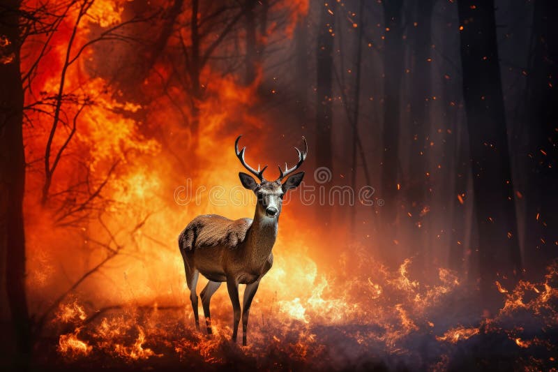 A Deer Stands in Front of a Raging Fire in the Woods, Highlighting the ...