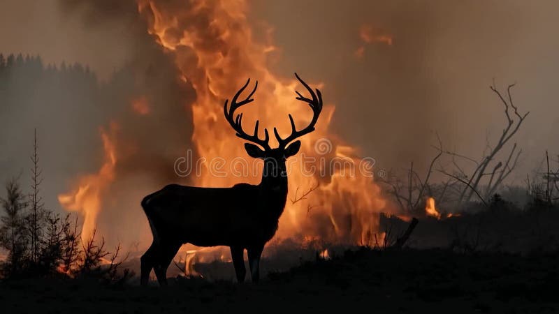 A Deer Stands in Front of a Raging Forest Fire. Stock Video - Video of ...