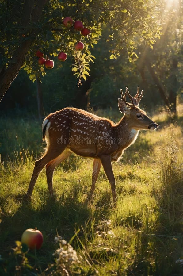 Young Spotted Deer in Apple Orchard at Sunset Stock Illustration ...