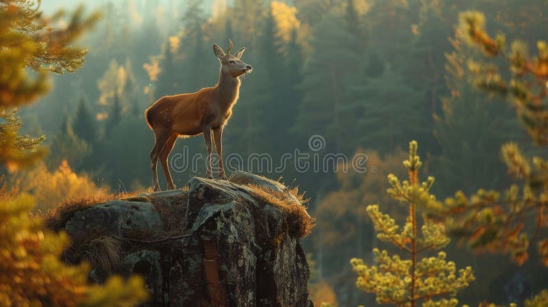 A Deer Stands on a Rock in a Forest Stock Photo - Image of buck, autumn ...