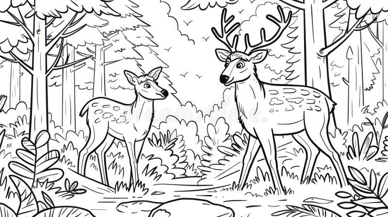 Deer Stands in Serene Forest, Coloring Page for Kids Stock Illustration ...