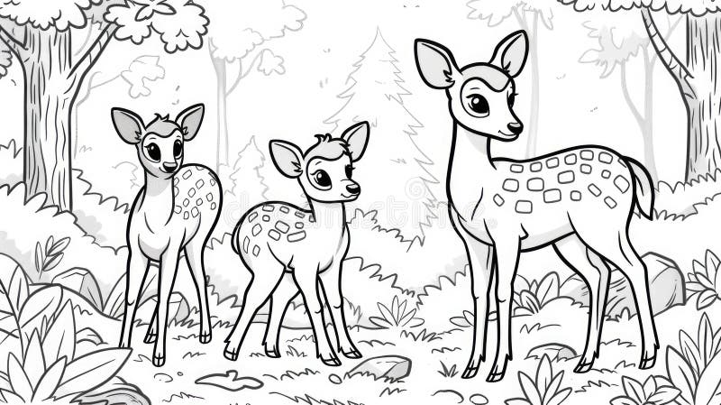 Deer Stands in Serene Forest, Coloring Page for Kids Stock Illustration ...