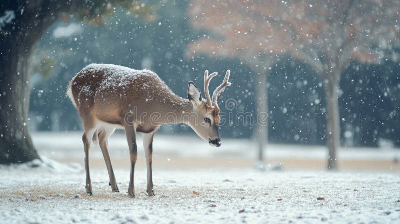 A Deer Stands in a Snowy Forest, Snow Falling Stock Illustration ...