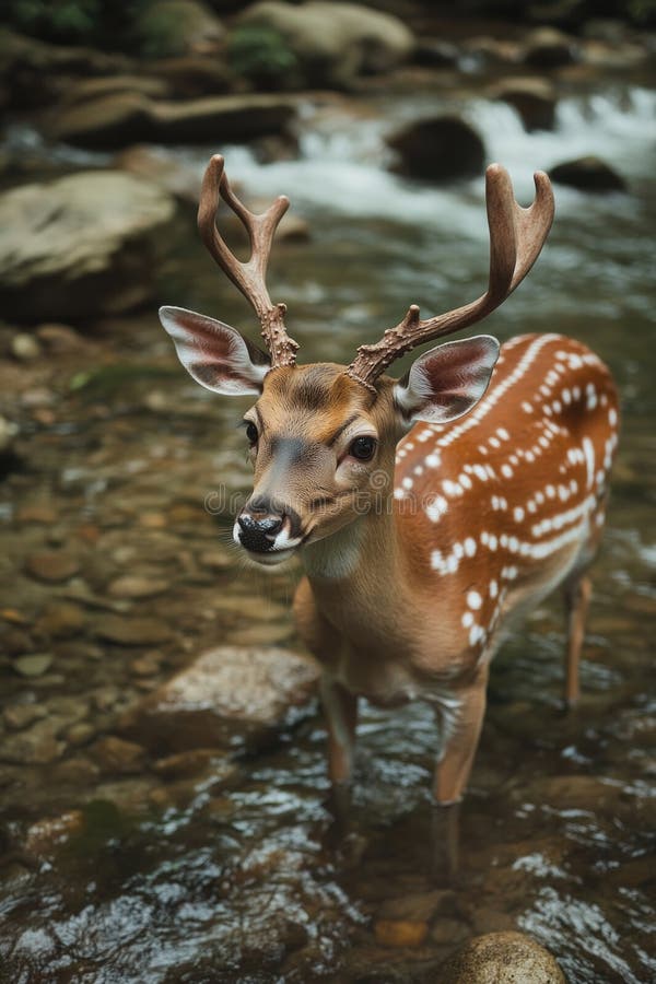 Deer in stream stock photo. Image of serene, stream - 377434942