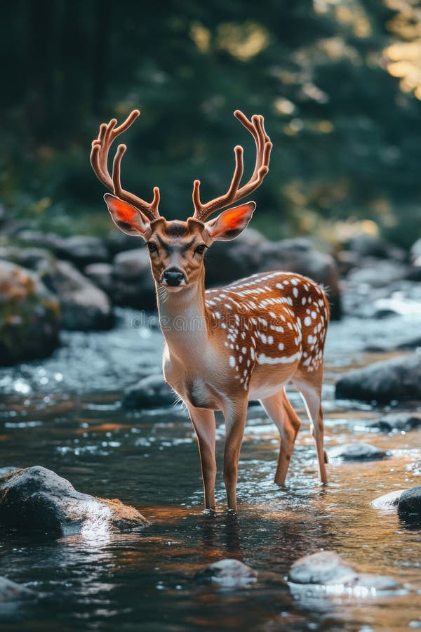 Deer in Stream Water stock image. Image of aquatic, freshwater - 377670253