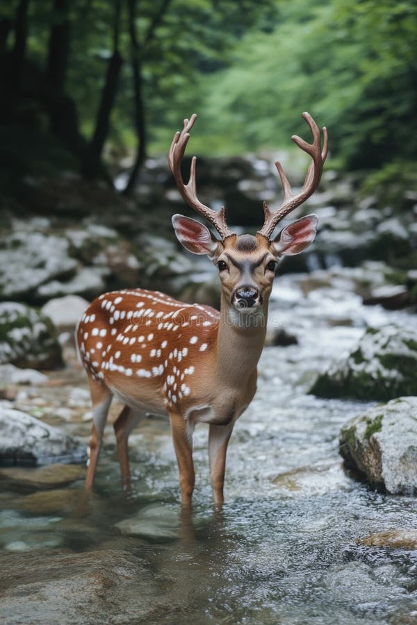 Deer in Stream Water stock photo. Image of outdoor, serene - 377560792