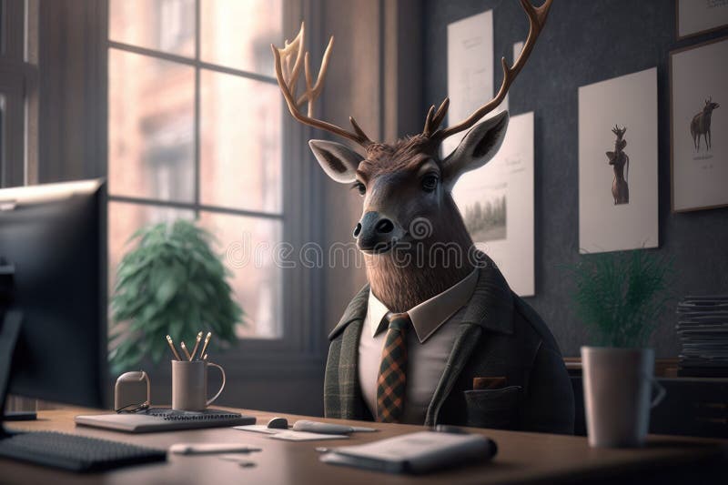 Deer in a Suit in the Office with a Computer. AI Generative Stock ...
