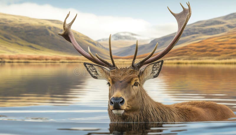 A Deer is Swimming in a Lake with Mountains in the Background Stock ...