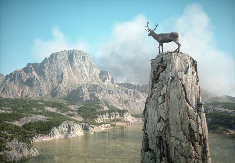Deer on Top of a Rock Looking at a Big Mountain Stock Illustration ...