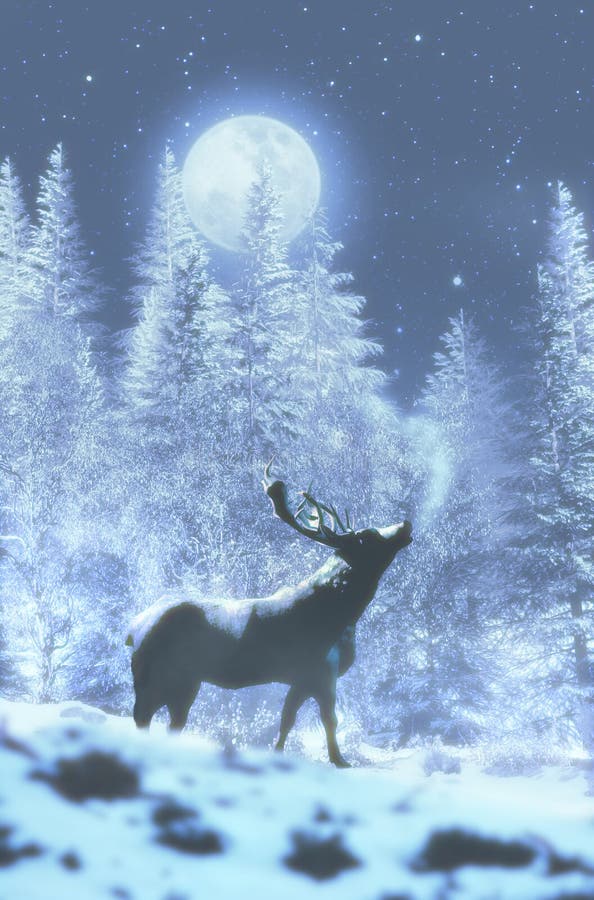 Deer Under the Full Blue Moon Stock Illustration - Illustration of ...