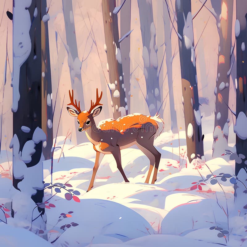 Deer in the Winter Forest. Illustration in Cartoon Style Stock Illustration - Illustration of ...
