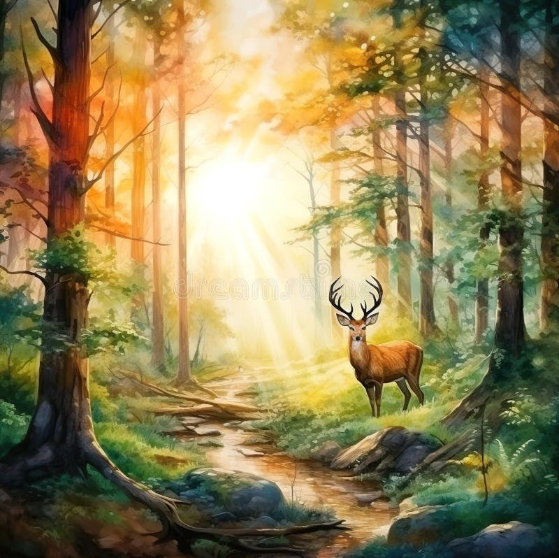 A Deer is in the Woods with the Sun Shining through the Trees ...