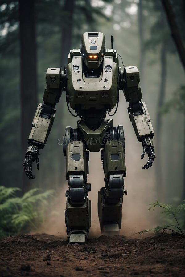 Military Robot Standing in Forest Stock Illustration - Illustration of ...