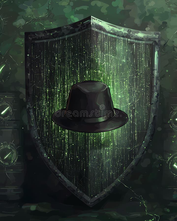 Defense Black Hat Exposure, Shield with Hat in Mysterious Matrix-Like ...