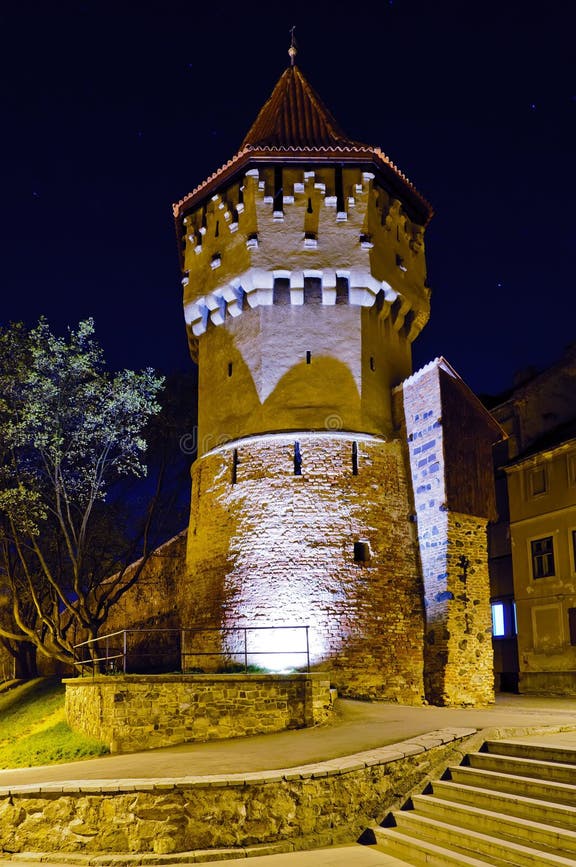 Defense Tower in Sibiu at Night Stock Photo - Image of transylvania ...