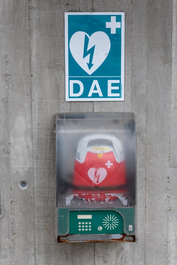 Defibrillator AED on Wall in Public Space for Emergency Heart ...