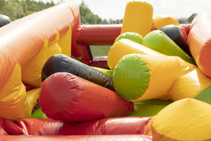 Deflating Inflatable Trampoline. Amusement Park Gathering Stock Photo ...