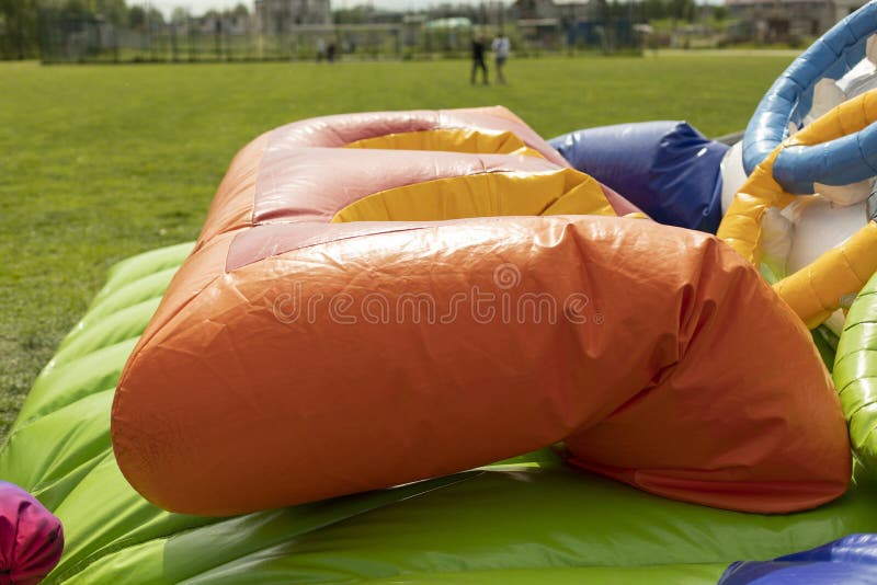 Deflating Inflatable Trampoline. Amusement Park Gathering Stock Image ...