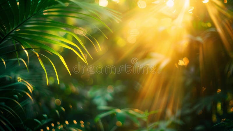 Defocused Golden Rays of Sunlight Dance through a Blur of Greenery ...