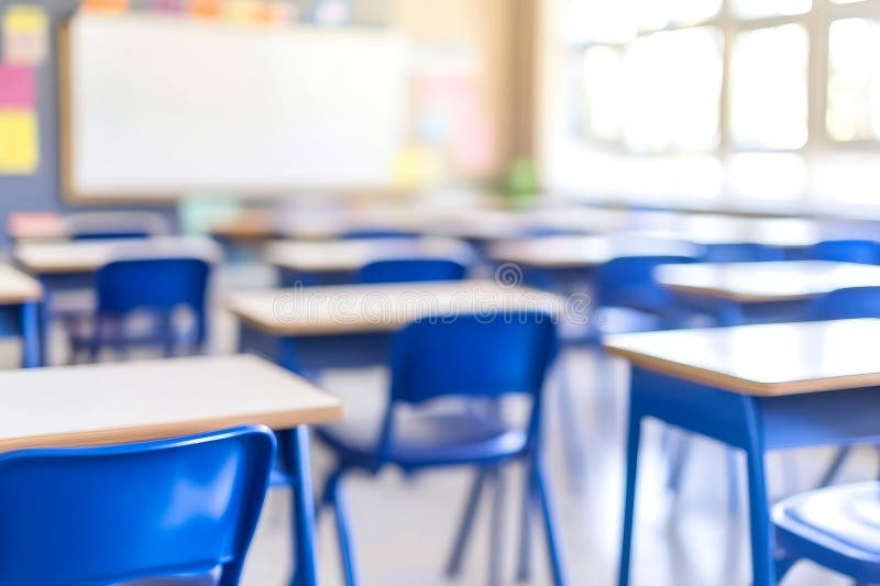 Abstract Blur Classroom Interior with Desks and Whiteboard Stock ...