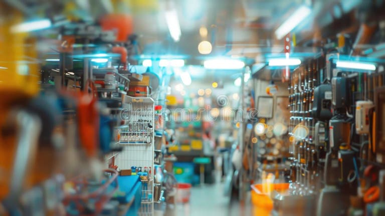 Defocused Interior of Hardware Department with Tools and Fixtures Stock ...