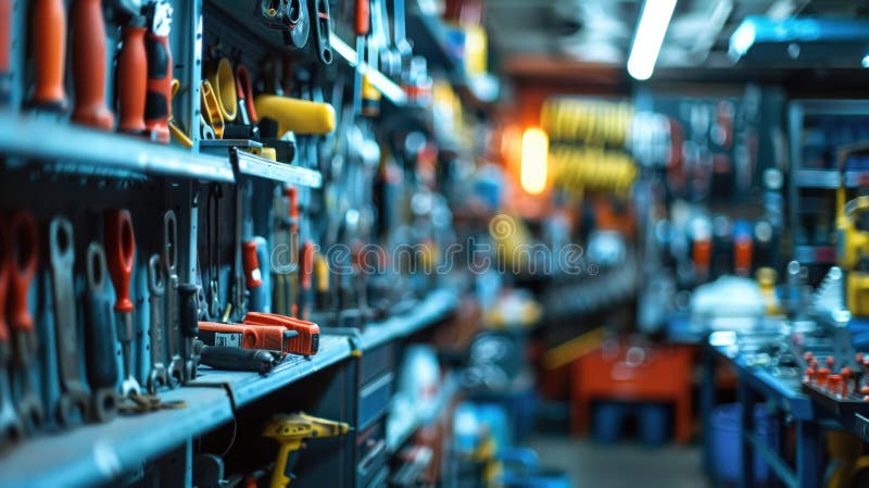 Defocused Interior of Hardware Department with Tools and Fixtures Stock ...
