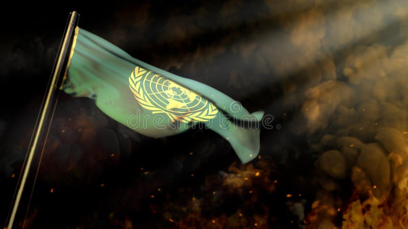 Defocused United Nations UN Flag on Smoke with Sun Rays Backdrop ...