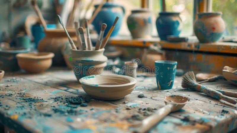 Defocused View of Pottery Tools Tered on a Messy Work Table Stock Image ...