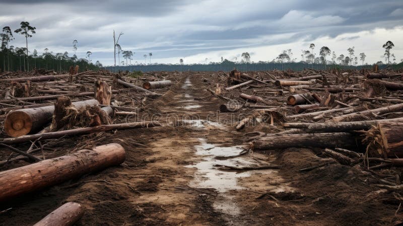 Deforestation Aftermath. Fallen Trees and Barren Land Under Cloudy ...