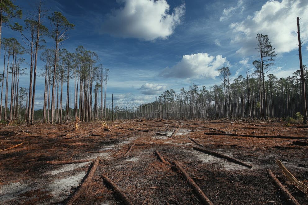 Deforestation Aftermath in Pine Forest Clear-Cut Land with Fallen Trees ...