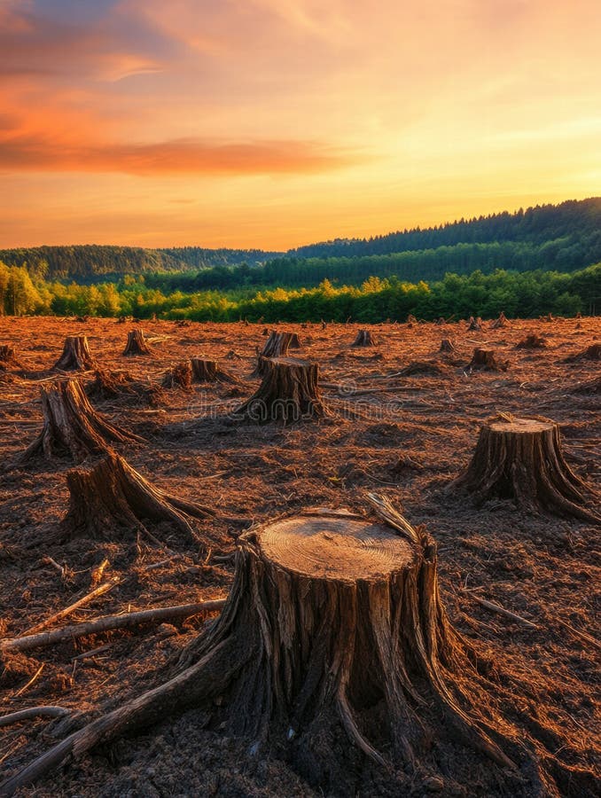 Deforestation Aftermath Showing Numerous Tree Stumps in a Barren ...