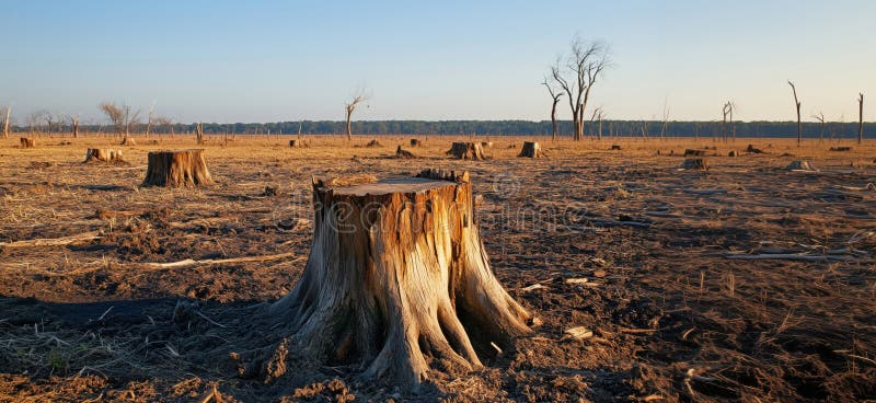 Deforestation Aftermath, Tree Stumps Scattered Across Barren Land, Dry ...