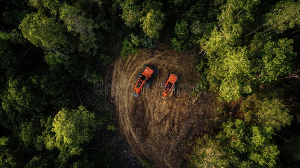 Deforestation Area with Machines Clearing Trees in Green Forest Stock ...