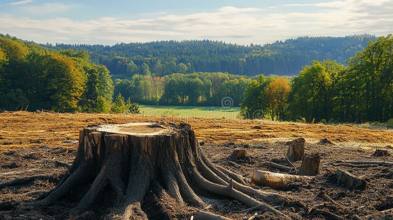 Deforestation, Ecology a Large Tree Stump Sits in a Field of Grass. the ...