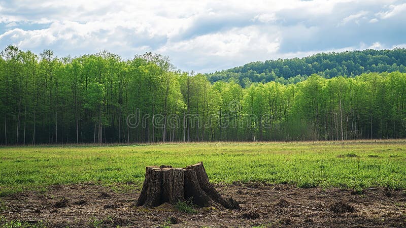 Deforestation, Ecology a Large Tree Stump Sits in a Field of Grass. the ...