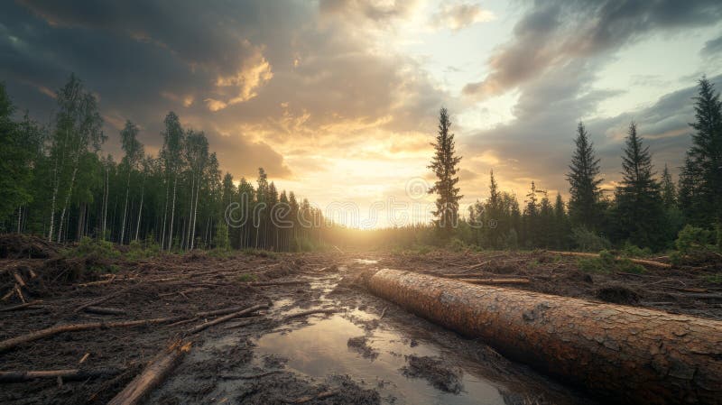 Deforestation in Forest at Sunset Stock Illustration - Illustration of ...