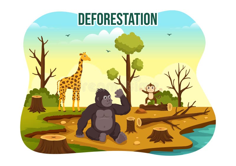 Deforestation Illustration with Tree in the Felled Forest and Burning ...